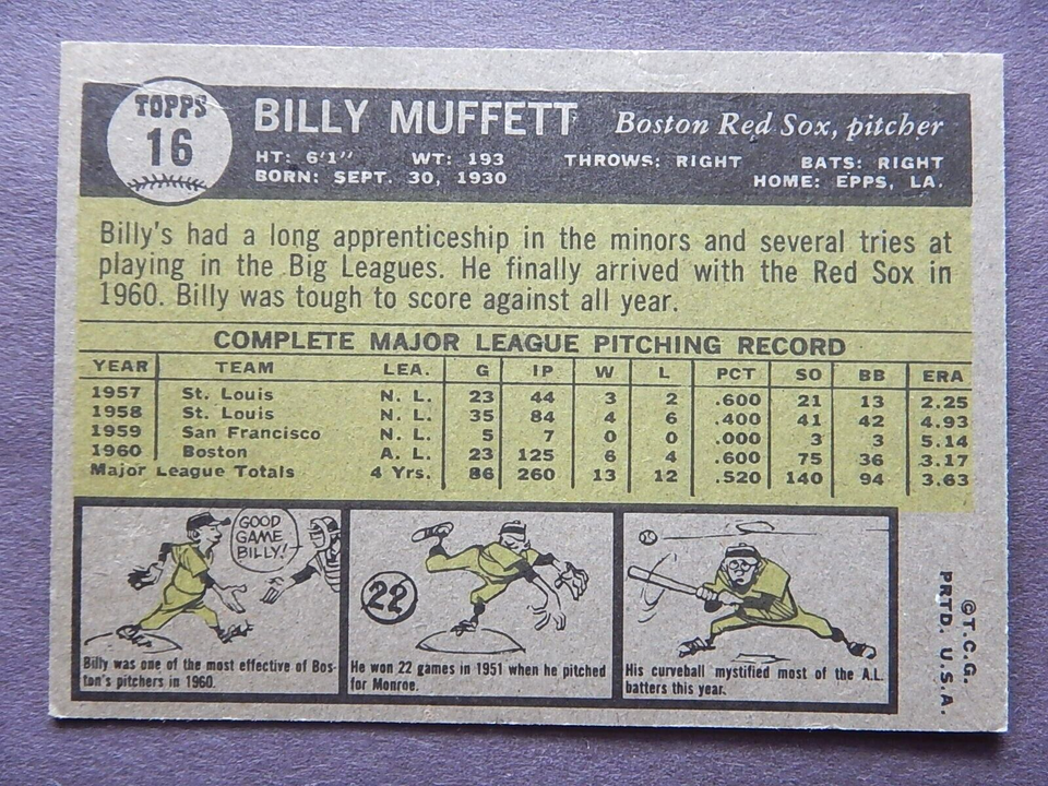 Billy Muffett #16 Topps 1961 Baseball Card (Boston Red Sox) E | eBay