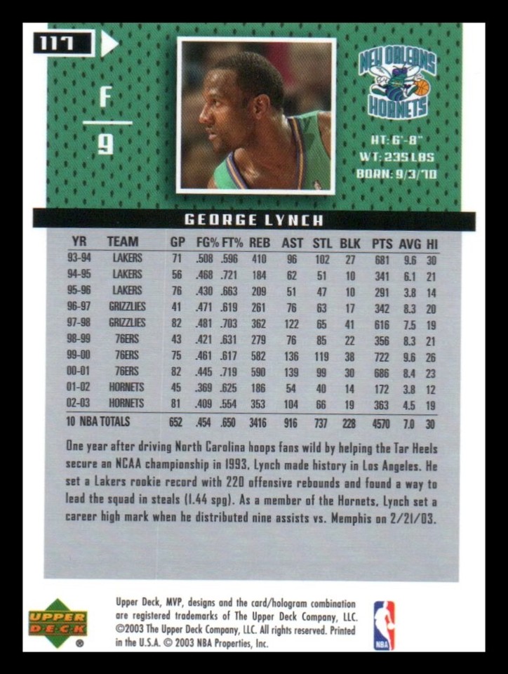 2002-03 Upper Deck MVP George Lynch #117 NBA Basketball Charlotte ...