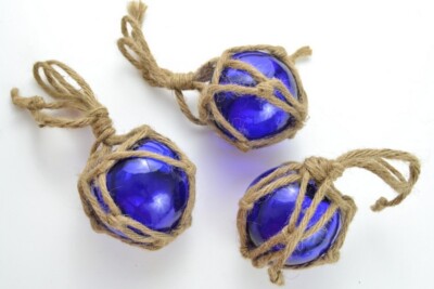 3 PCS REPRODUCTION COBALT BLUE GLASS FLOAT BALL WITH FISHING NET 3" | eBay