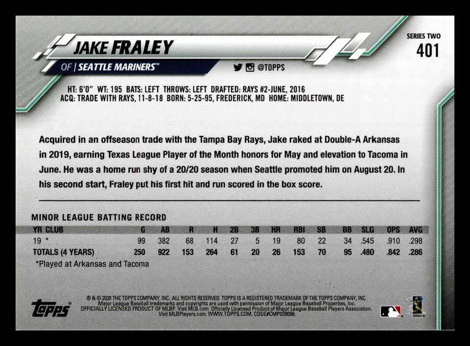 Jake Fraley RC 2020 Topps #401a Rookie Seattle Mariners Mint | eBay