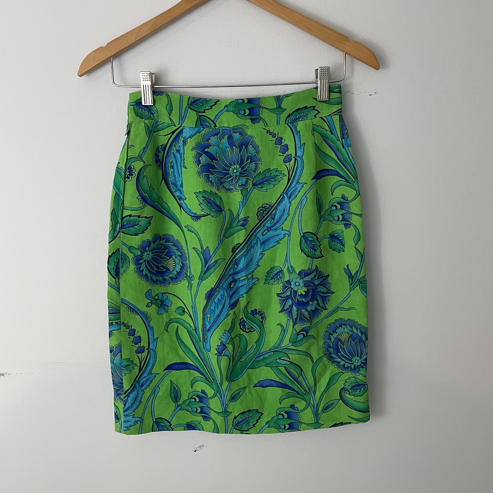 Genny Green Blue Floral Linen Pencil Straight Skirt M… - Gem