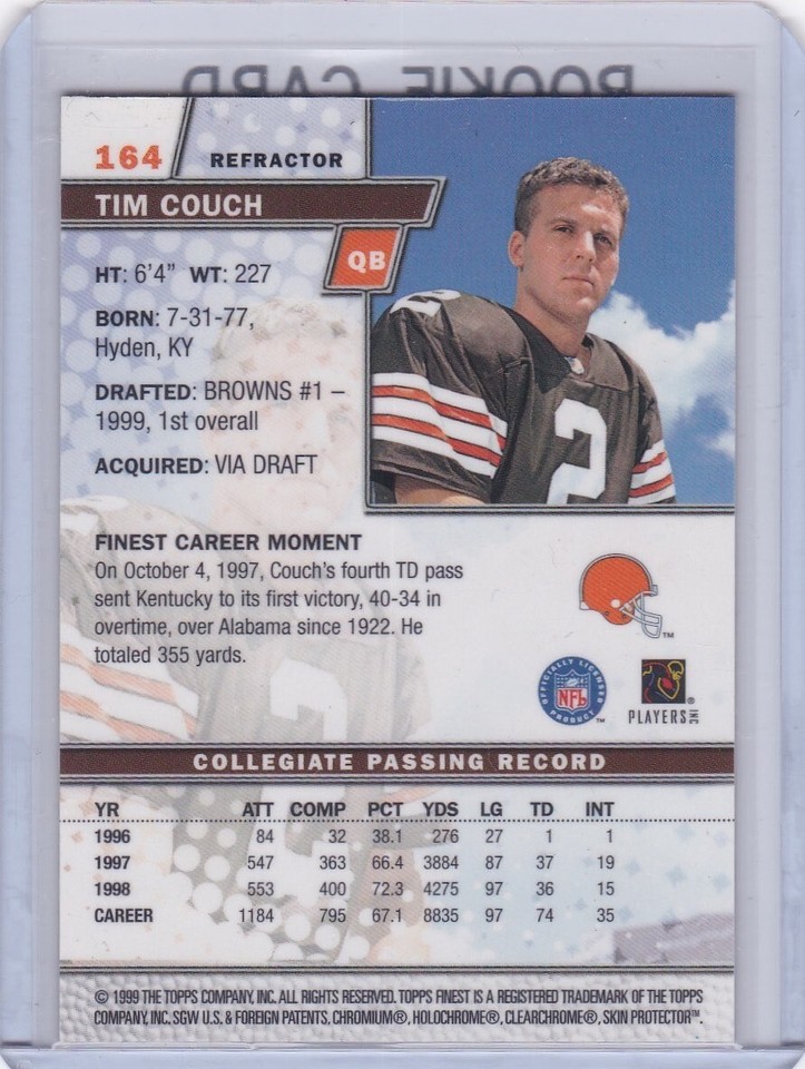 TIM COUCH ROOKIE CARD 1999 Topps Finest RARE REFRACTOR $$ RC Football ...