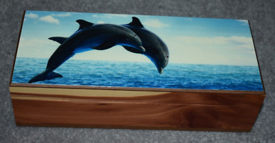 #4898 DOLPHINS KEEPSAKE,JEWELRY,HOME DECOR WOOD CEDAR BOX 4" X 9.5" NL ...