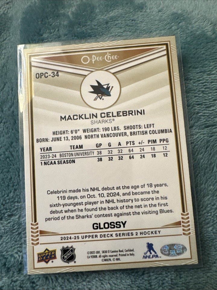 Macklin Celebrini 2024-25 Upper Deck Series 2 O-Pee-Chee Glossy Gold RC ...