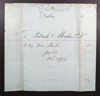 1874, Patrick Monks, Brick Supplier, 32 Brunswick St, Dublin Ireland ...