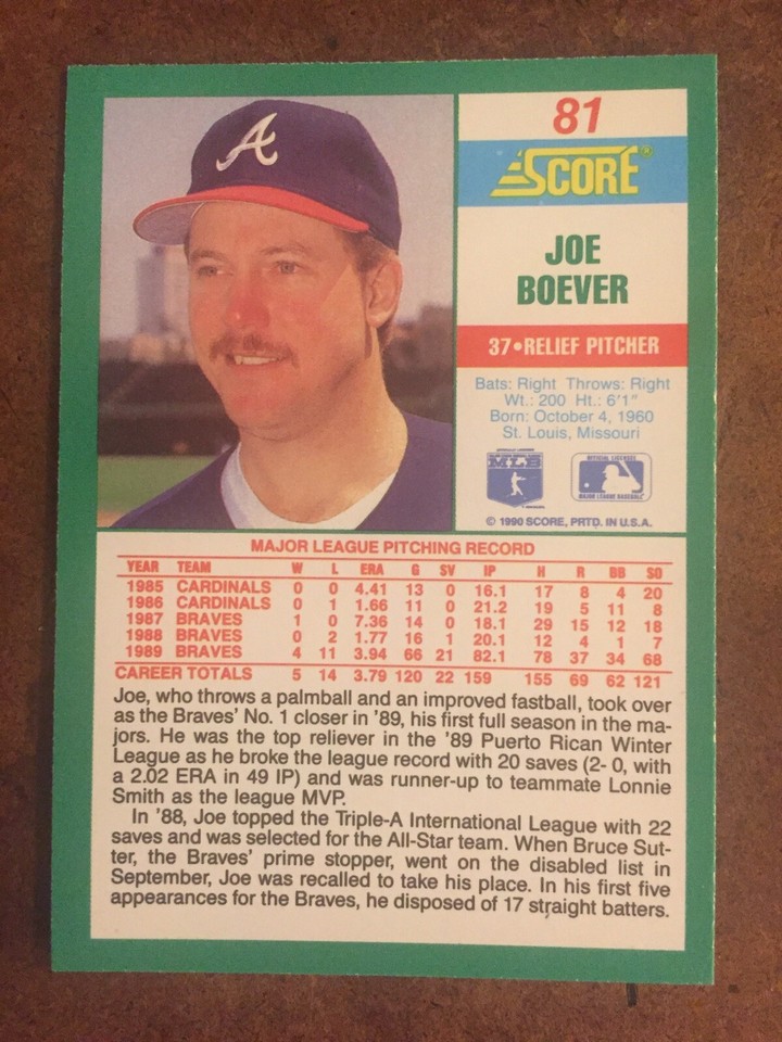 Joe Boever 81 Score 1990 MLB Baseball Trading Card | eBay