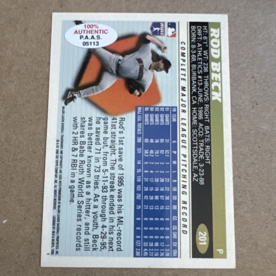 Rod Beck 1996 Topps #201 San Francisco Giants Signed AUTOGRAPHED Card ...