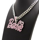 Women Gold Plated Pink Barbie Iced Cubic Zirconia Charm & Cuban Chain ...