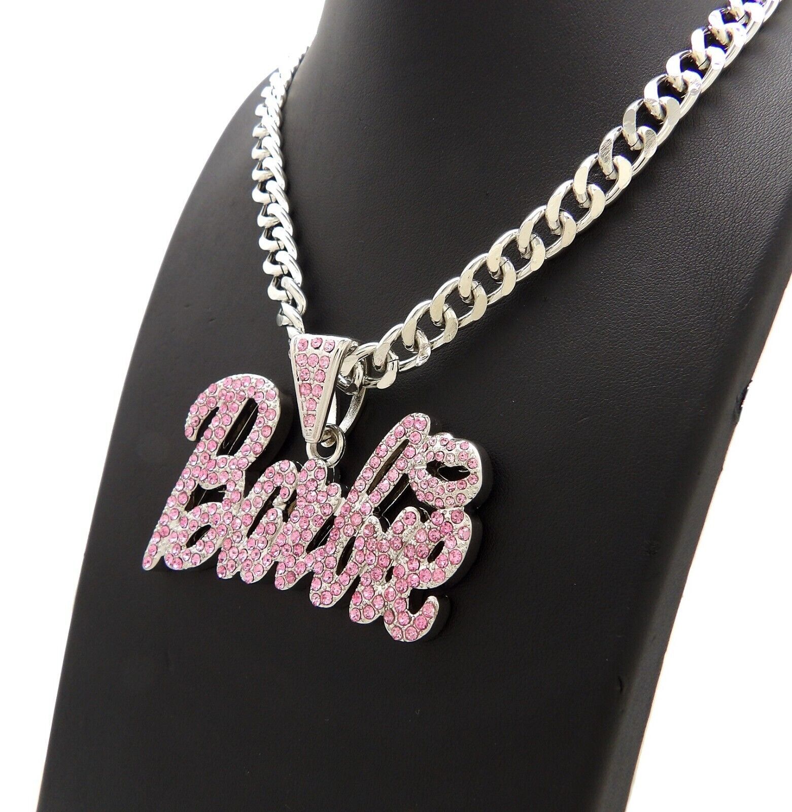 Women Gold Plated Pink Barbie Iced Cubic Zirconia Charm & Cuban Chain ...