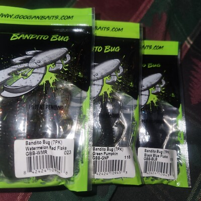 3 Googan Soft Baits 4" Bandito Bugs Grn Pump,W. Melon Red Flk.,Blk ...