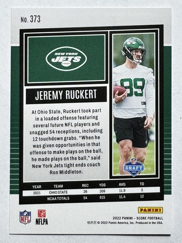 ROOKIE CARD JEREMY RUCKERT New York Jets 2022 Panini Score Football ...