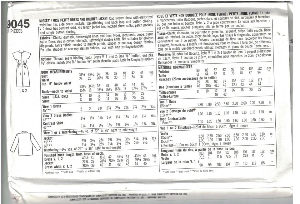 9045 Vintage Simplicity SEWING Pattern Misses Unlined Jacket Cap ...