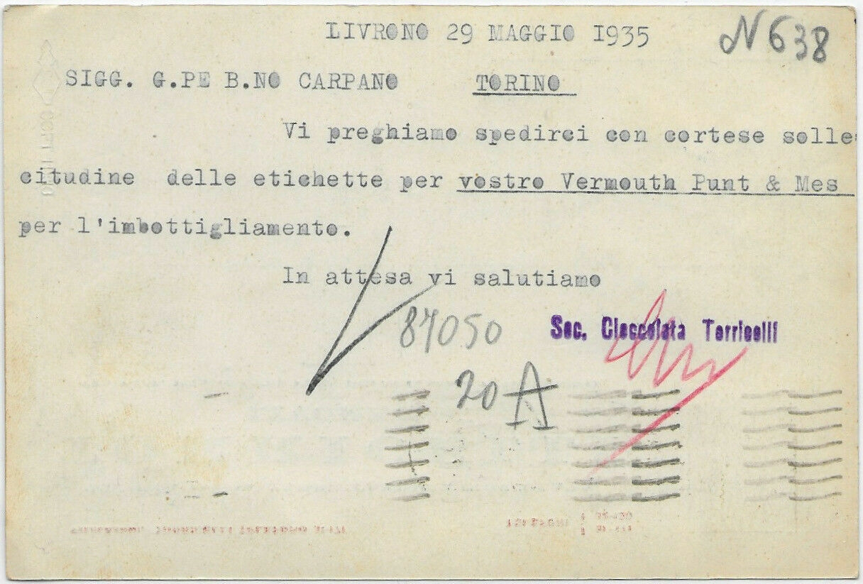 POSTAL POSTCARD FROM THE TORRICELLI COMPANY TO THE CARPANO COMPANY IN ...