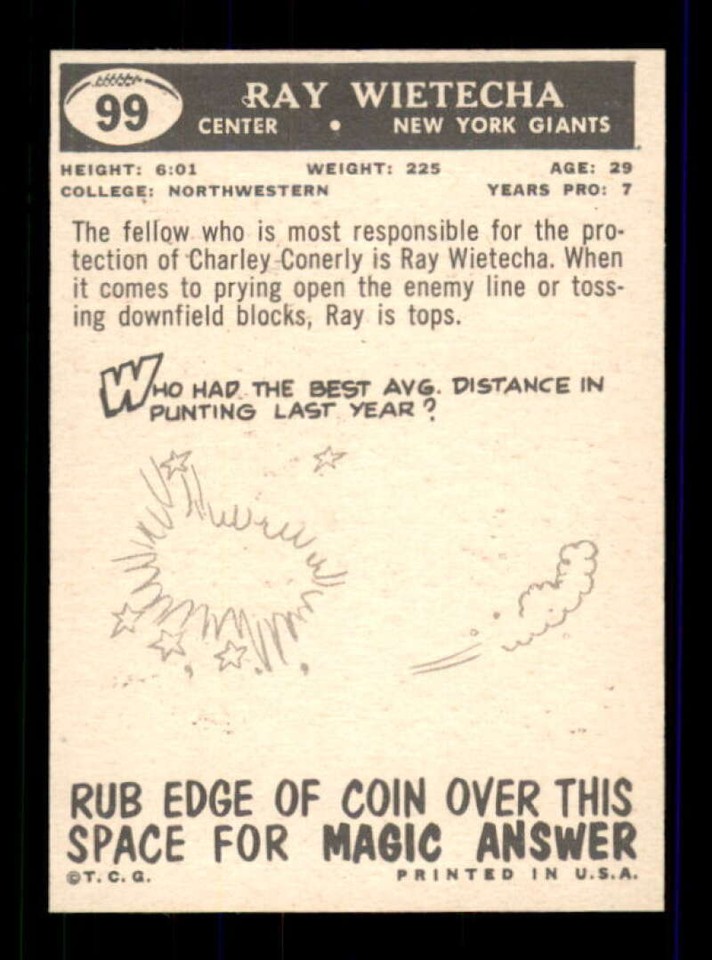 1959 Topps #99 Ray Wietecha NM/NM+ NY Giants 540380 | eBay