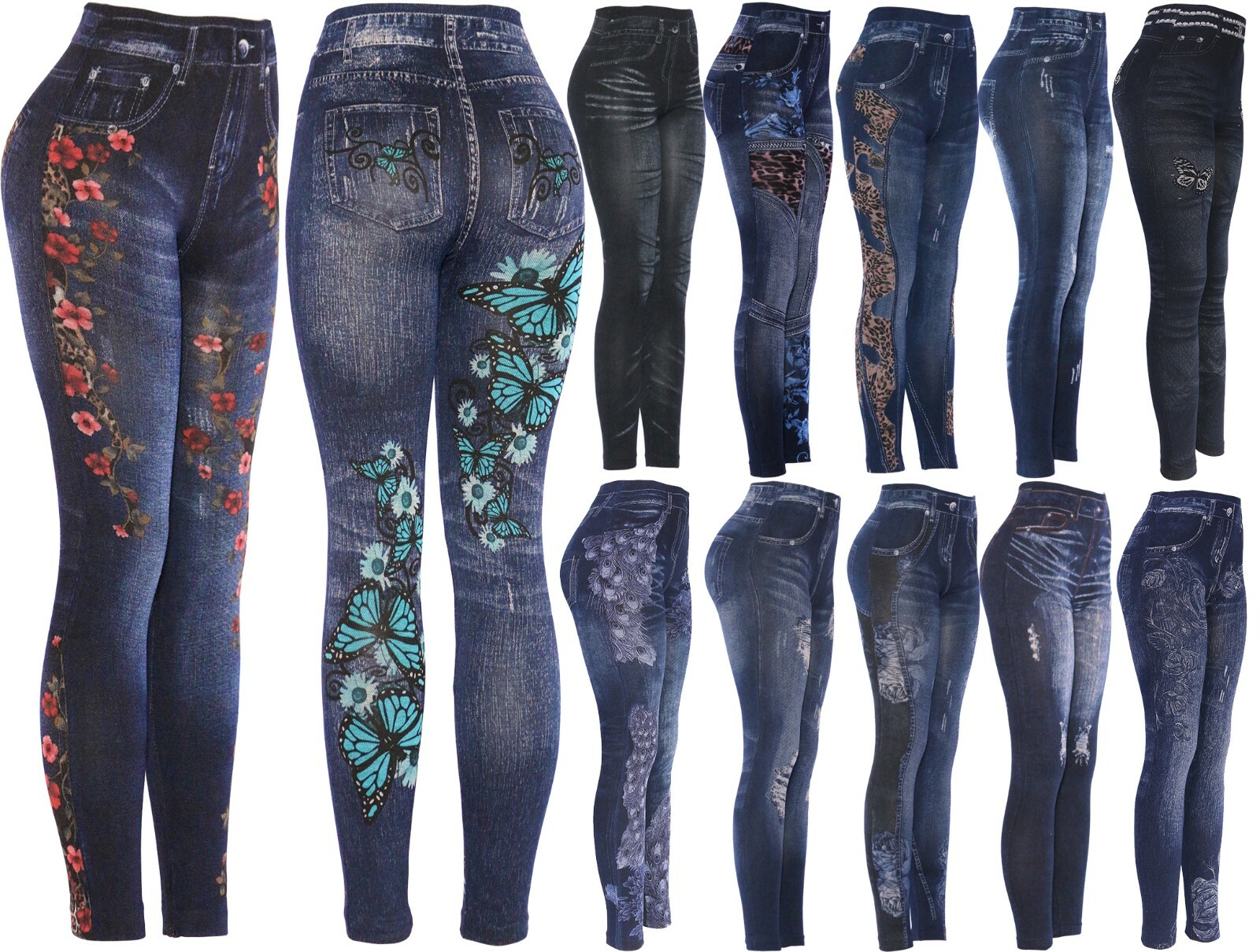 High Waist Women's Denim Print Fake Faux Jeans Leggings Pants | eBay