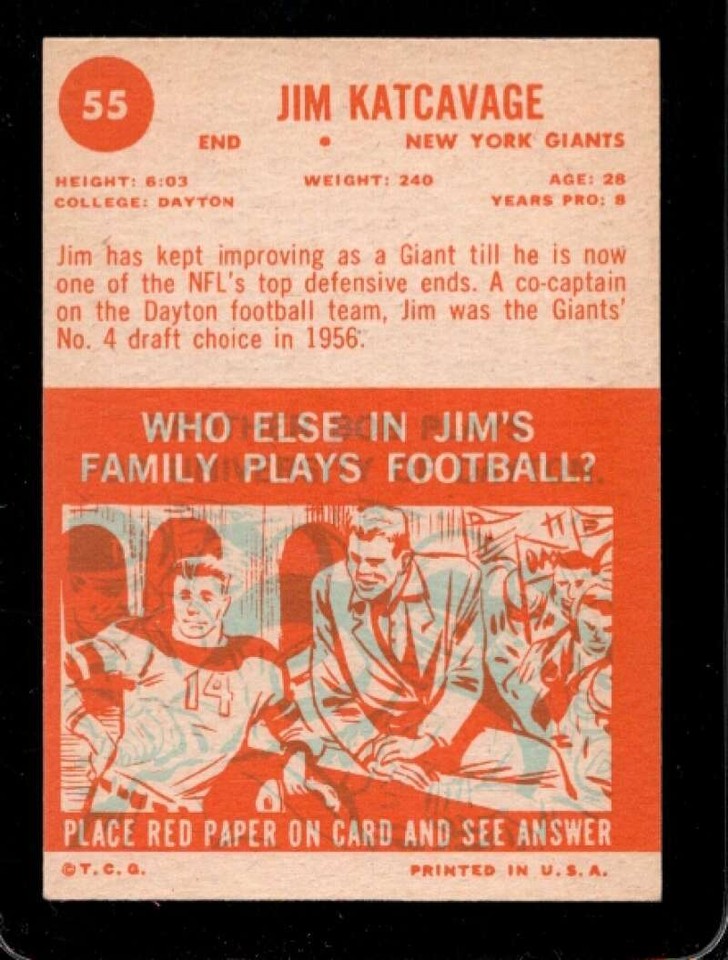 1963 TOPPS #55 JIM KATCAVAGE EXMT SP NY GIANTS (PURPLE SKY) *X32901 | eBay