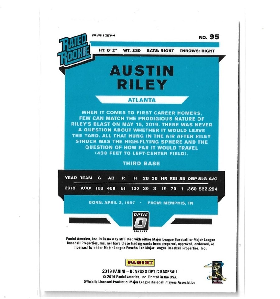 2019 Donruss Optic Austin Riley Rated Rookie Carolina Blue White Holo ...