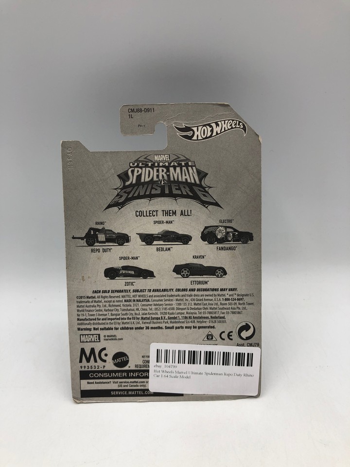 Hot Wheels Marvel Ultimate Spiderman Repo Duty Rhino Car 1.64 Scale ...