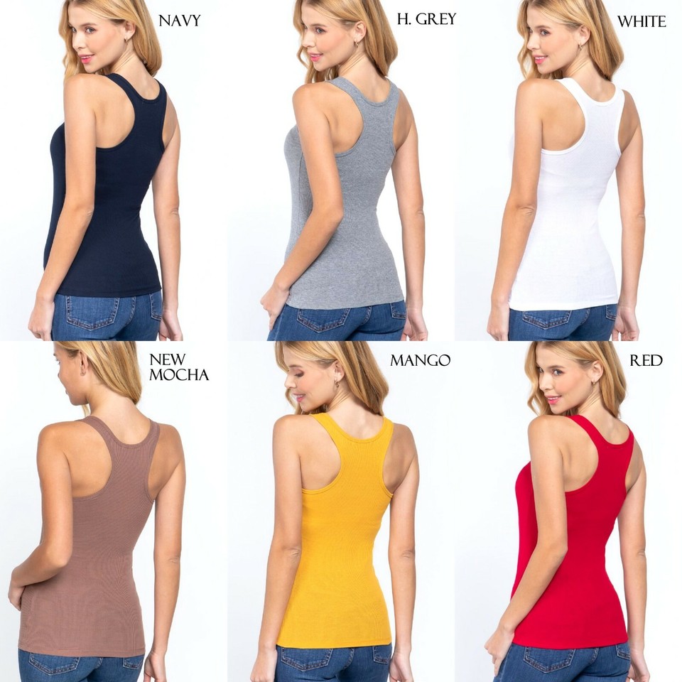 Round Neck Racerback Ribbed Tank Top Soft Stretch Thin Cotton Fitted ...