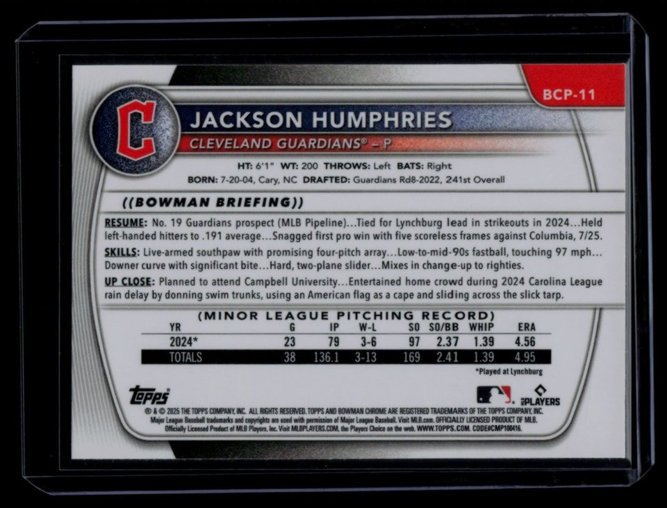 JACKSON HUMPHRIES 2025 Bowman Chrome Prospect 1st #BCP-11 Cleveland ...
