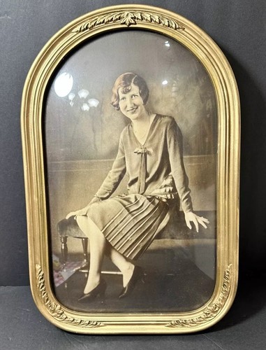 1920's Lady Pictured & Framed W/a Curved Convex Bubble Glass Gold Frame ...
