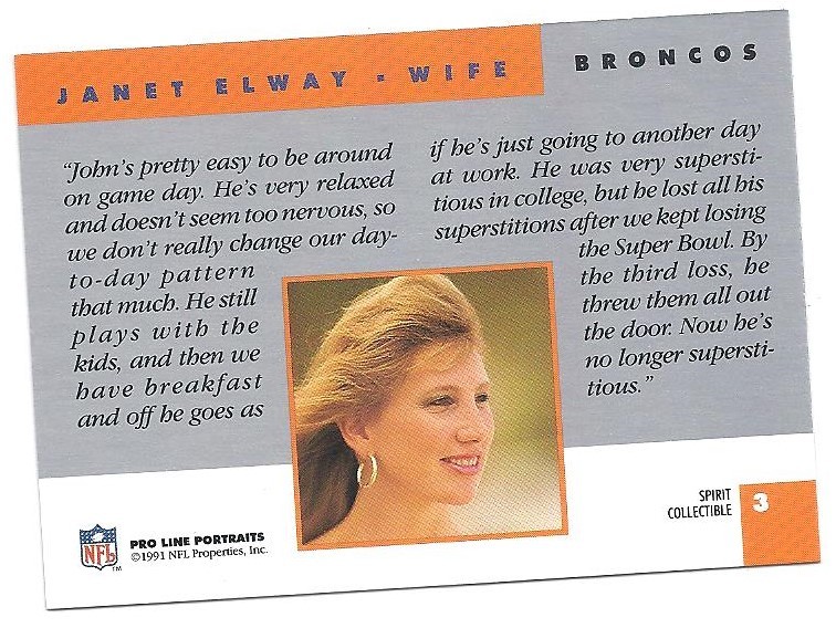 1991 Pro Line Portraits "Spirit Collectible" #3, Janet Elway, Denver ...