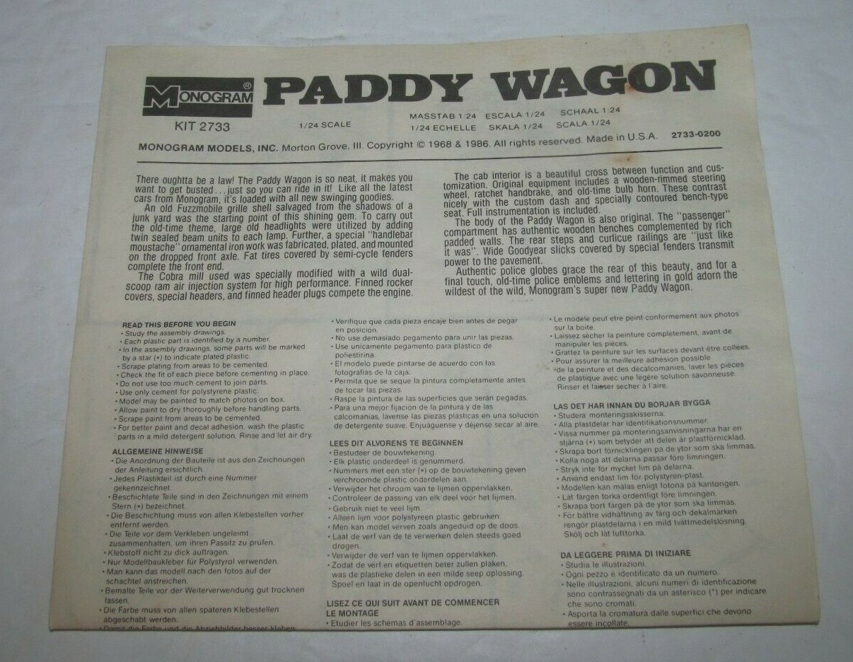 Monogram Paddy Wagon 2733 Model Kit Instructions Sheet Only | eBay
