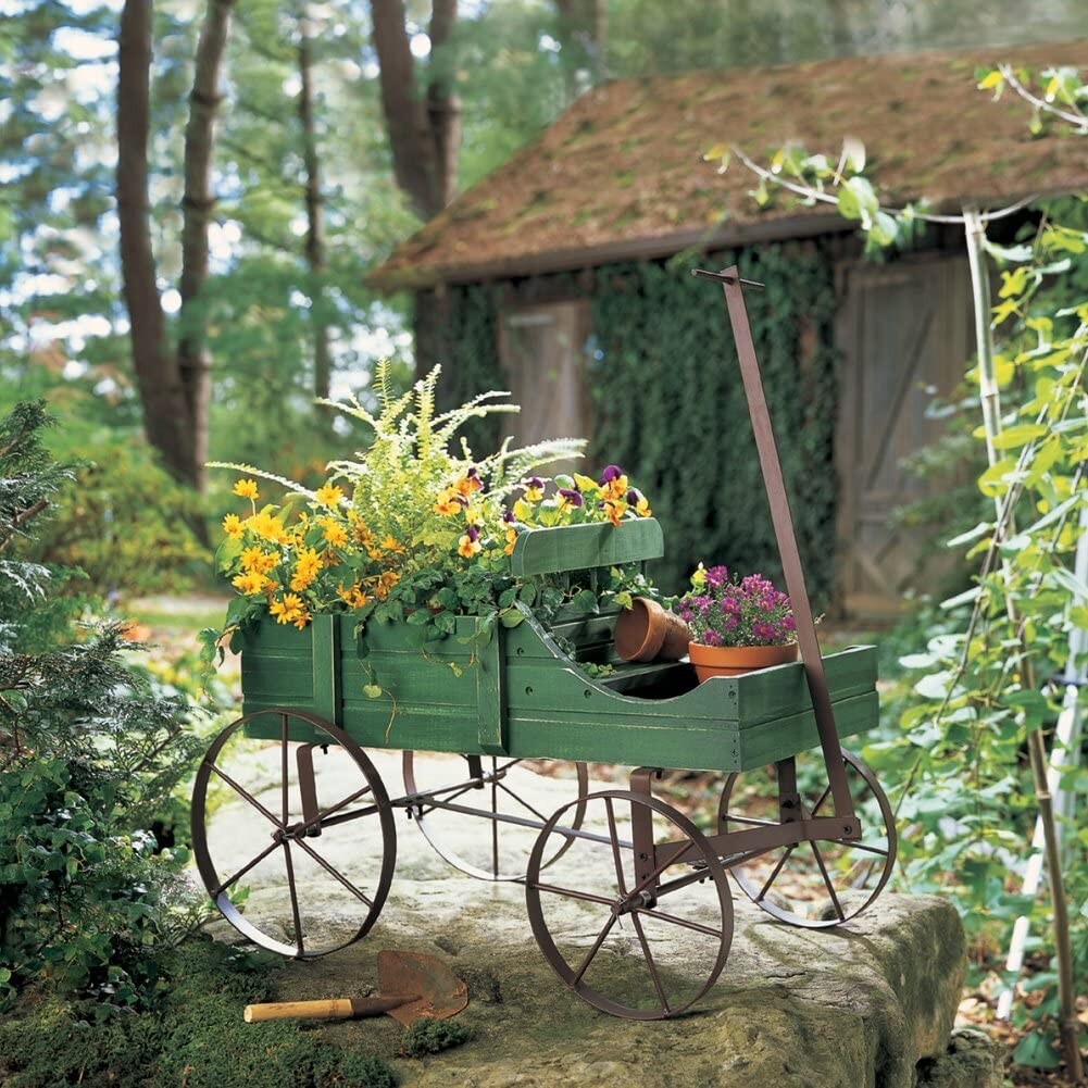 Amish Garden Wagon w/ Moving Wheels Flower Planter Outdoor Yard Art ...