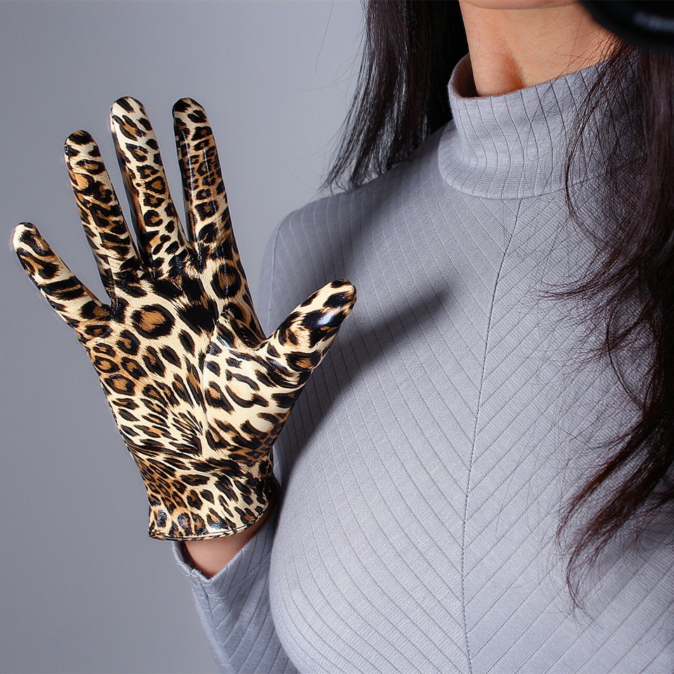 LATEX LONG GLOVES Shine Leather PU 28" 70cm Animal Print Brown Cheetah ...