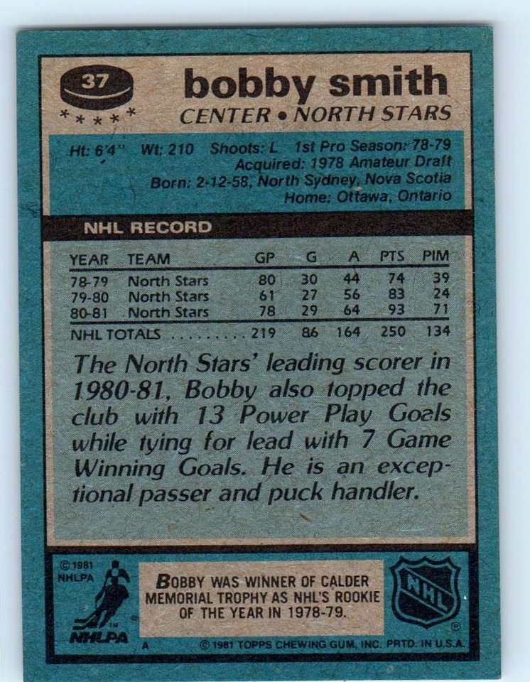 1981-82 Topps #37 Bobby Smith Minnesota North Stars | eBay