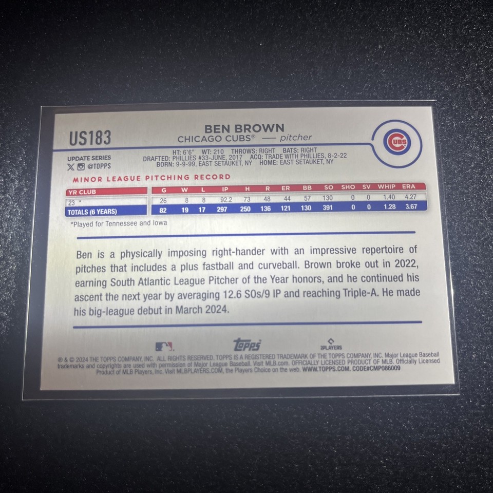 2024 Topps Update Series BEN BROWN Rainbow Foil RC Cubs #US183 | eBay