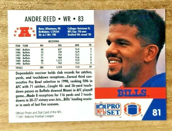1991 PRO SET ANDRE REED CARD#81 MINT BUFFALO BILLS KUTZTOWN UNIVERSITY ...