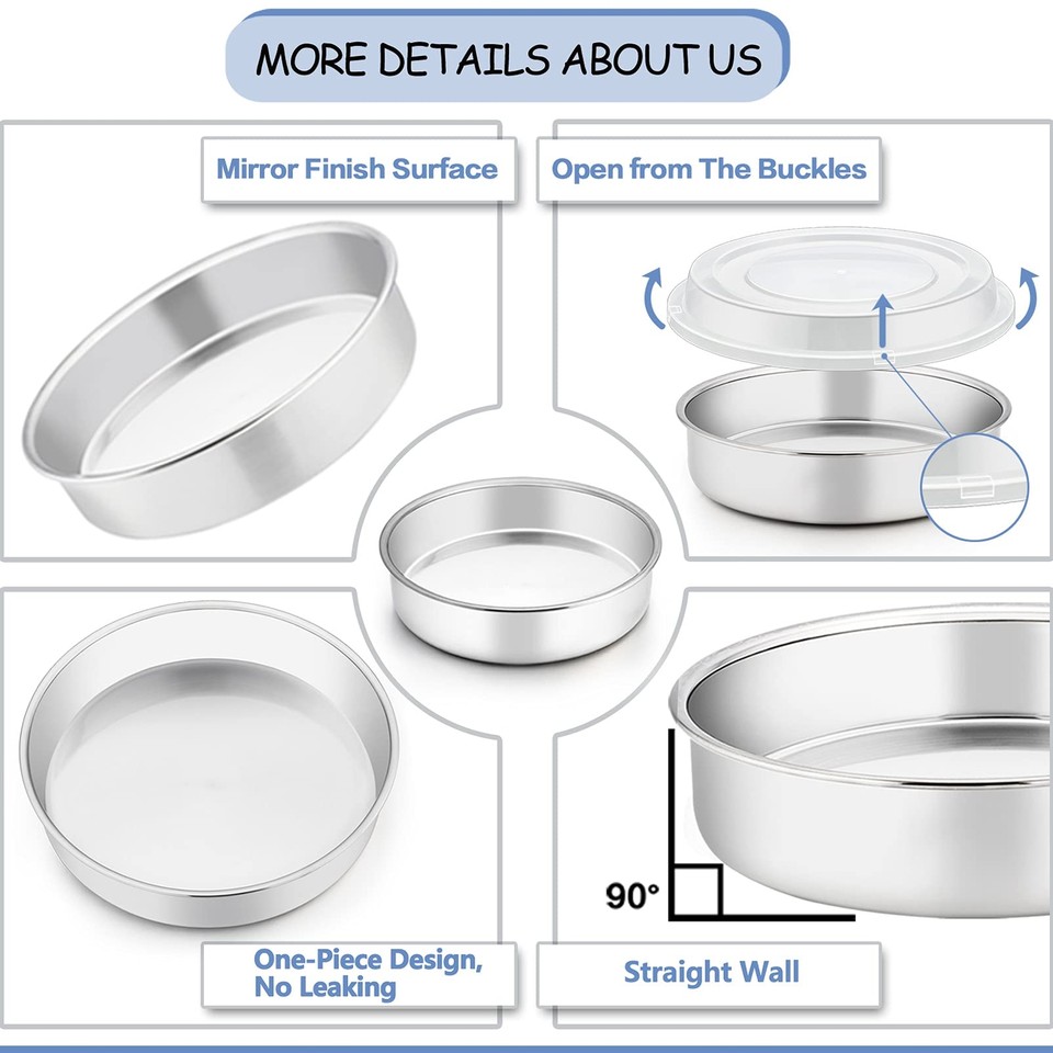 8-Inch Cake Pan Set – Stainless Steel Round Tiers with Lids, Healthy ...