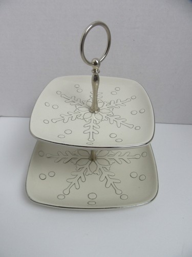 Home Garden Party 2 Tiered Serving Tray White Silver Snowflake Winter Holiday | eBay