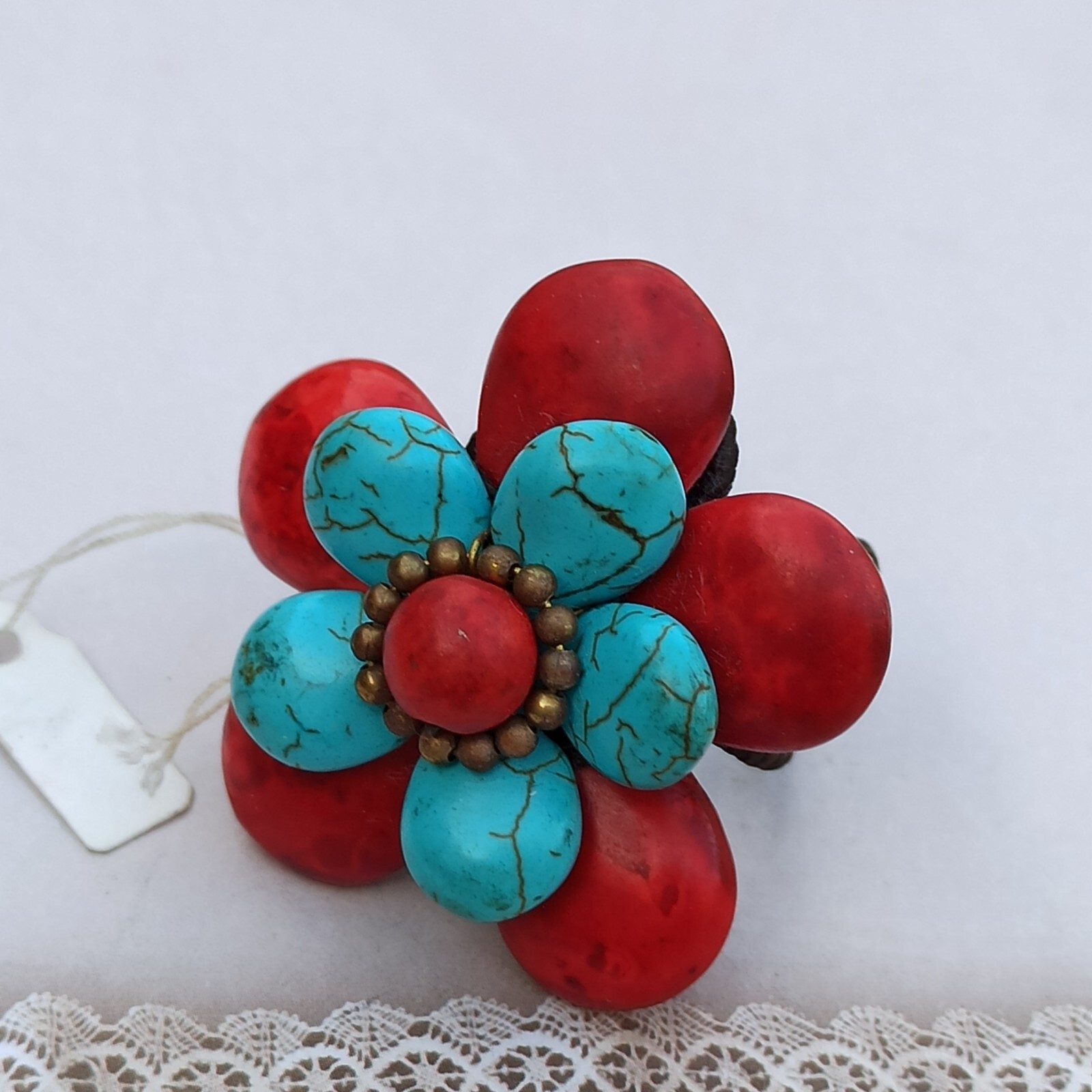 Massive Chunky Ring 3d Flower Cluster Turquoise & Red Gemstone Natural ...
