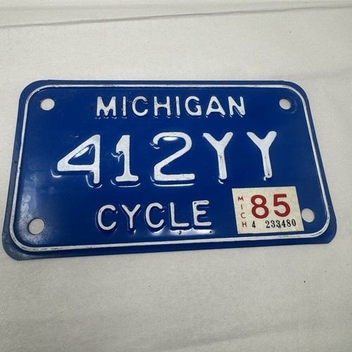1985 sticker MICHIGAN CYCLE MOTORCYCLE LICENSE PLATE (412YY) Blue 1983 ...