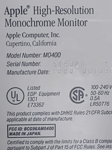 Apple Computer High-Resolution 12 " Monochrome monitor 1990 POWERS ON ...