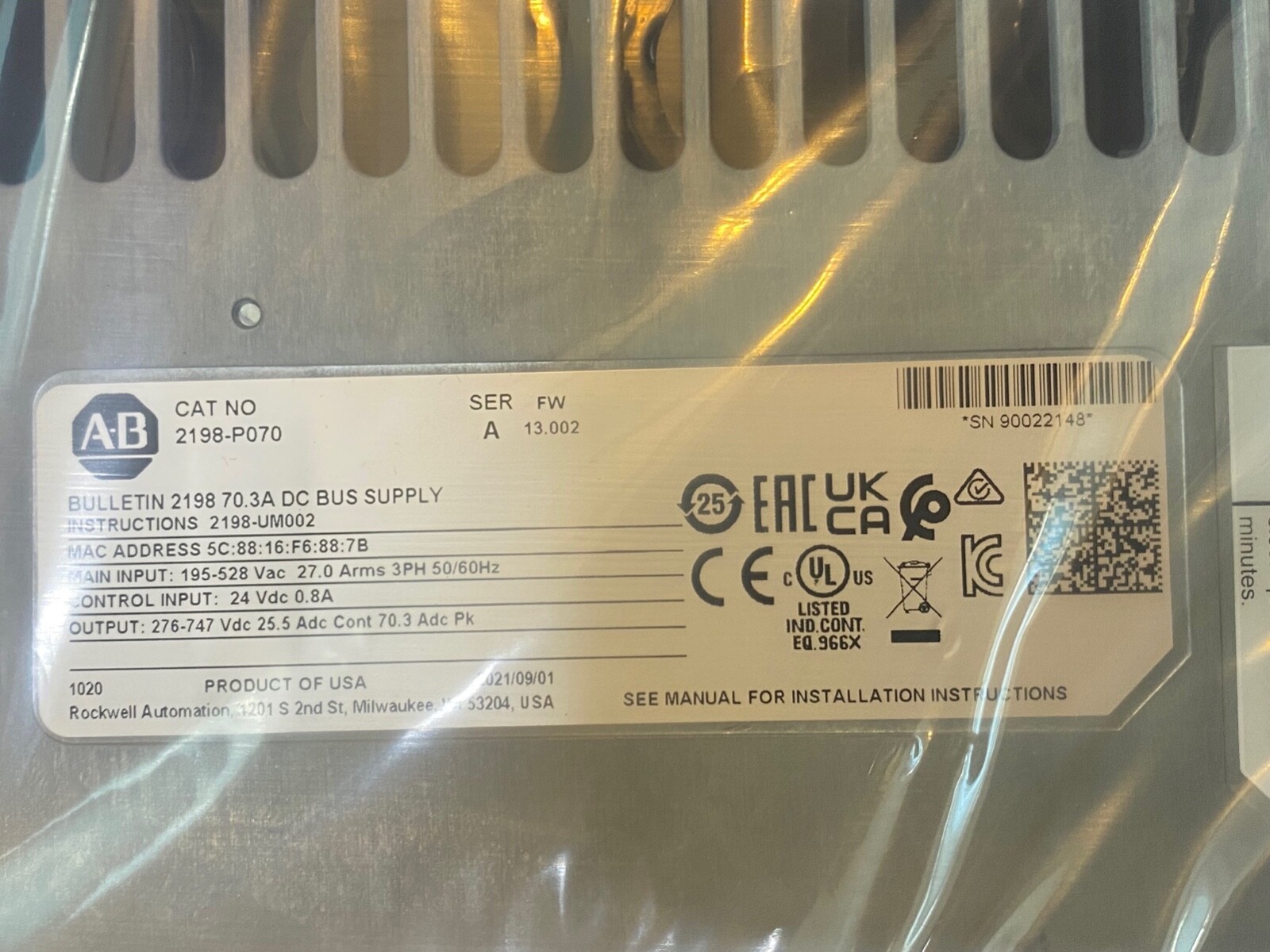 NEW Allen-Bradley 2198-P070 Kinetix 5700 DC Bus Supply BULLETIN 2198 70 ...