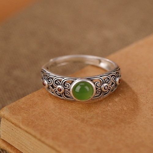 Real Solid 925 Sterling Silver Band Natural Jade Jasper Hollow Pattern ...