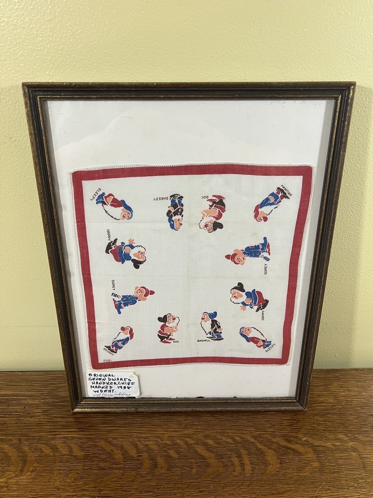 Vintage 1938 Walt Disney Ent Handkerchief SNOW WHITE 7 DWARFS Framed ...