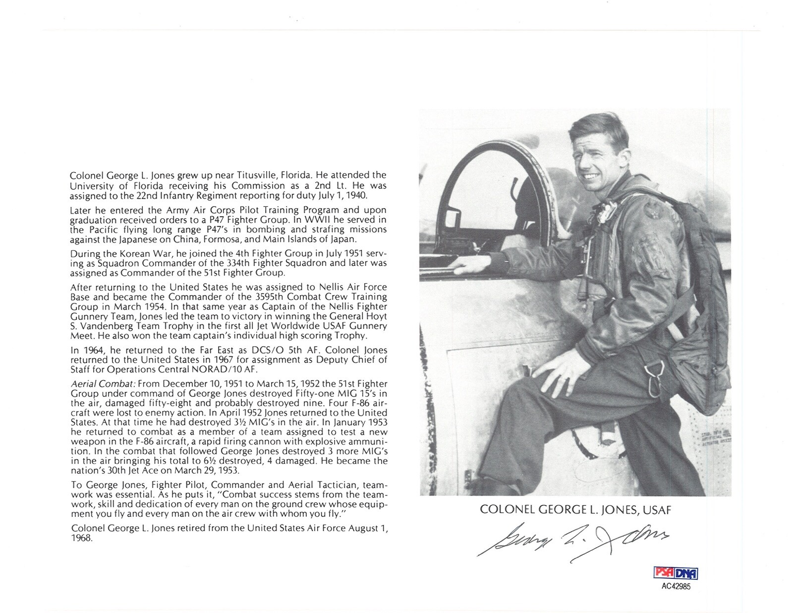 GEORGE JONES SIGNED 8X10 (D) PSA DNA AC42985 KOREAN WAR ACE 6.5V | eBay