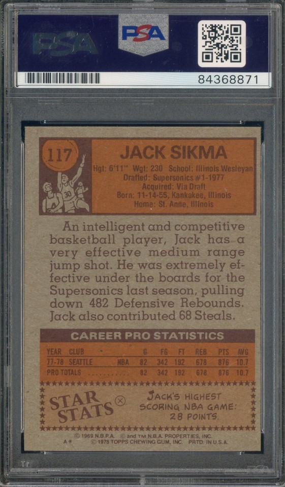 Jack Sikma HOF Signed Autograph 1978 Topps Rookie Card 117 79 Champs ...