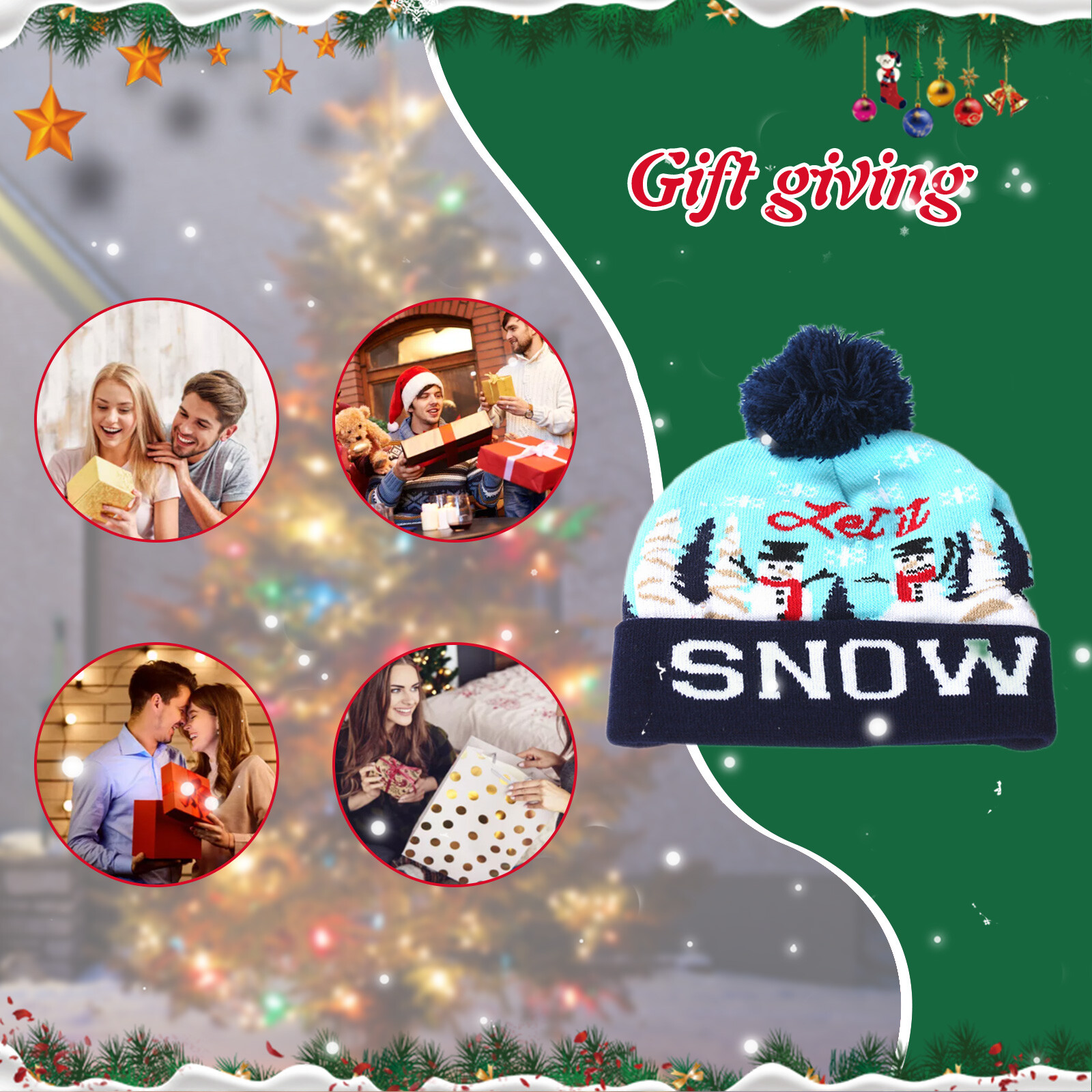 Knitted Christmas Hat with LED Light Xmas Glowing Warm Caps Ornaments ...