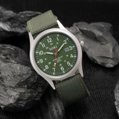 Men`s SOKI Quartz Stainless Steel Duel Time Date Window Canvas Band ...
