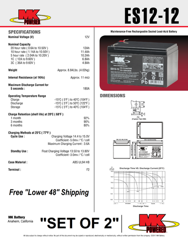 MK AGM Battery - Set of 2 - 12V 12AH - ES12-12 (T1 or T2) - Sealed VRLA Battery | eBay