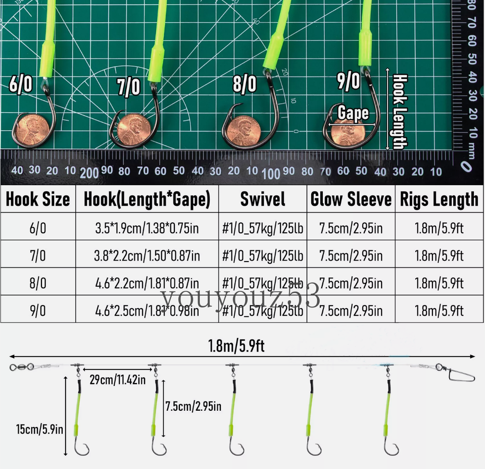 1.8M Deep Drop Snapper Rigs Bottom Fishing Rig 5 Circle Hooks Size 6/0 ...