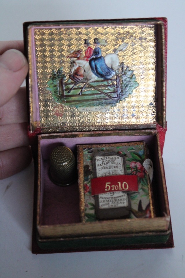 Antique 1879 Victorian Leather & Velvet Book Sewing Box w/ Thimble ...