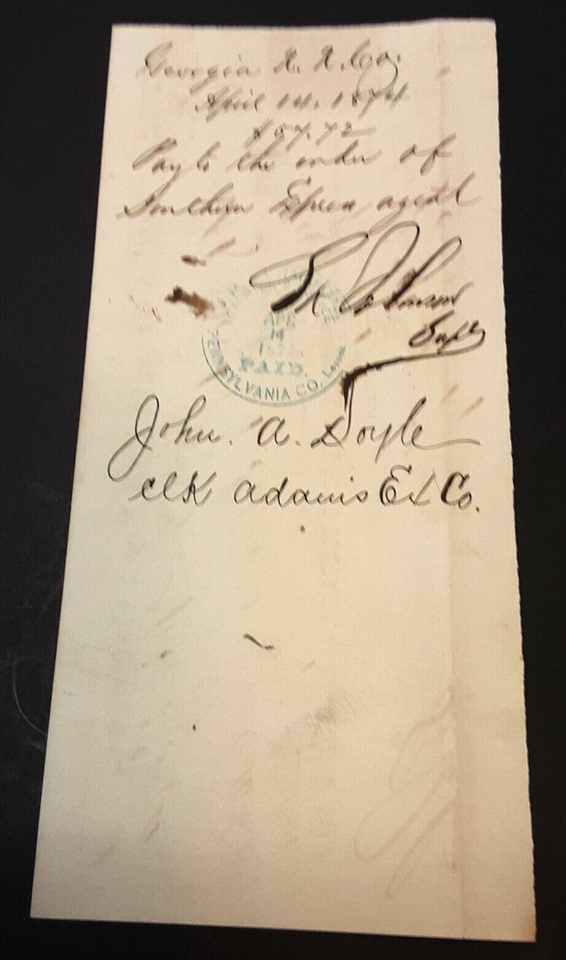 Georgia Rail Road Company Bank Check Draft Augusta Southern Express ...