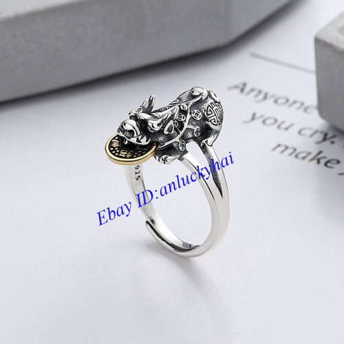 S925 Sterling Silver Rotating Copper Coin Pixiu Opening Adjustable Ring ...