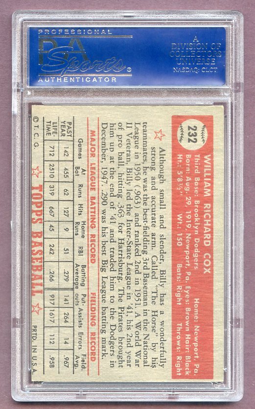 1952 TOPPS #232 BILLY COX DODGERS PSA 6 EX-MT SET BREAK 474804 (KYCARDS ...
